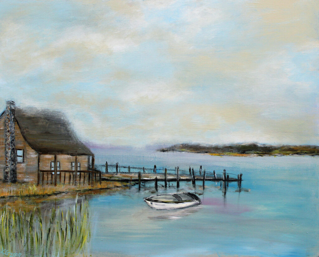 Gemälde Haus am See mit Steg und Boot - Malerei Karin Greife